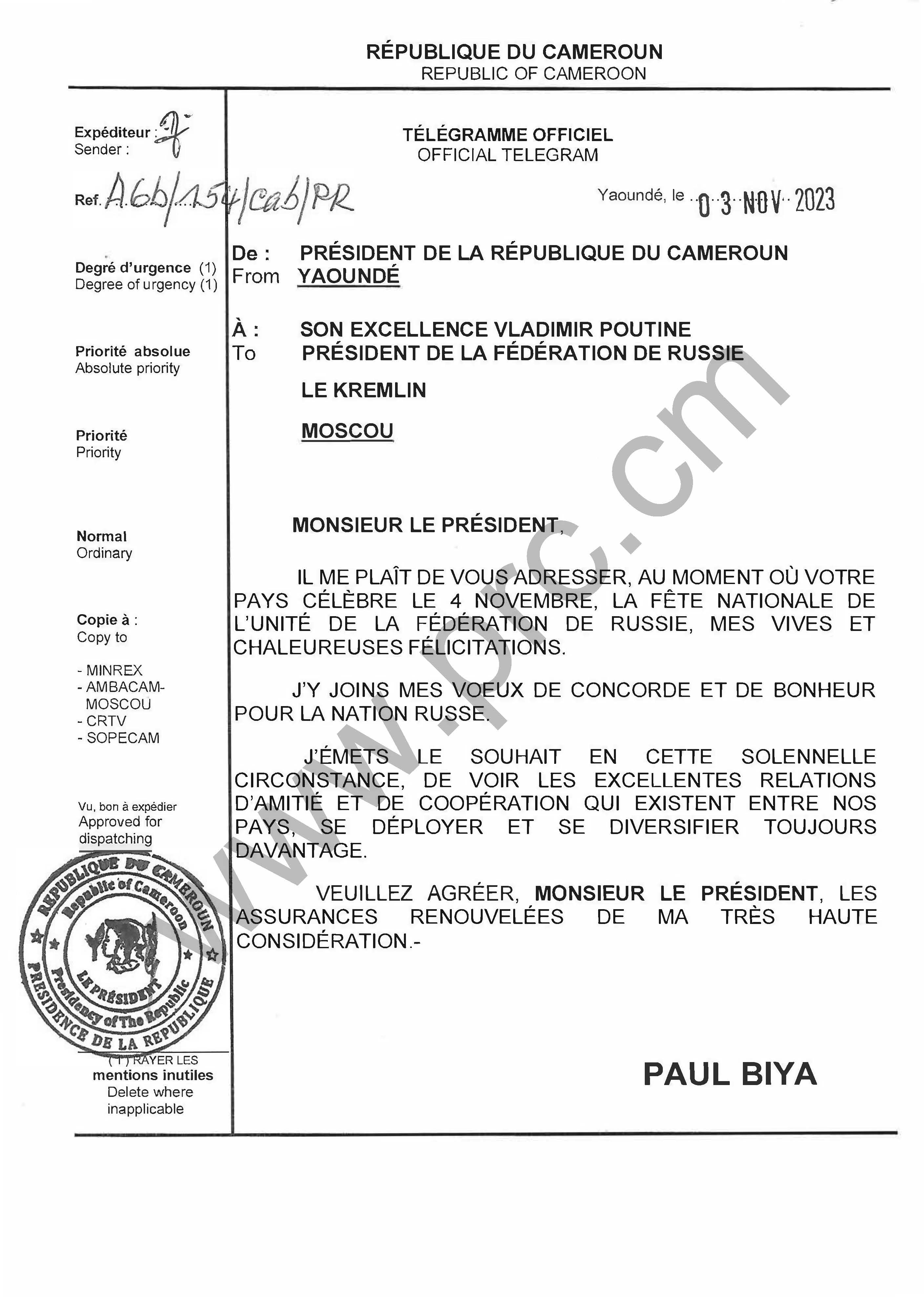 Message de félicitations du Chef de l’État à S.E. Vladimir Poutine, à l'occasion de la fête ...